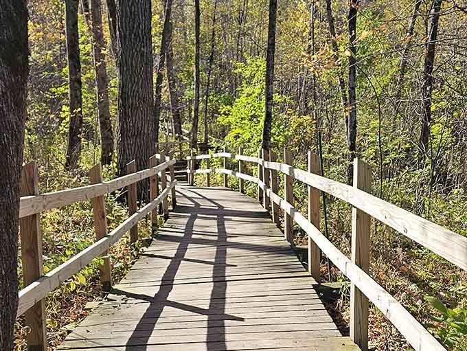 Wooden boardwalks wind through the forest like nature's red carpet, making your journey to the falls feel almost ceremonial in its peaceful beauty.