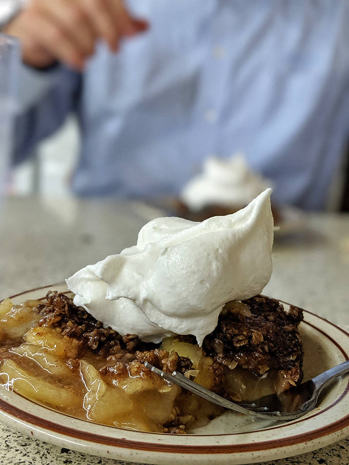 The apple crisp arrives warm with a mountain of real whipped cream &ndash; not that spray can nonsense &ndash; melting into cinnamon-spiced perfection.