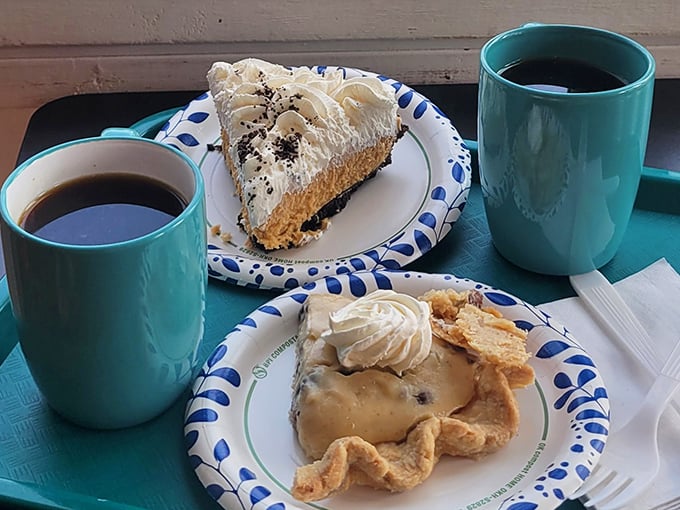 Homemade pies and steaming coffee create the perfect afternoon retreat. Notice how nobody's rushing through this experience.