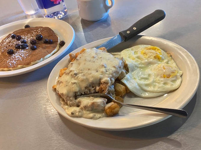 Chicken fried steak smothered in country gravy with eggs sunny-side up. The kind of breakfast that requires a nap afterward &ndash; and you won't regret a single bite.