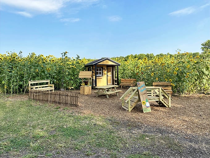 "Howie's Haven" isn't just a playhouse &ndash; it's childhood wonder headquarters, strategically positioned for maximum sunflower viewing.