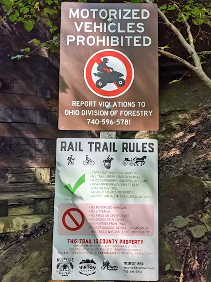 Information Signage: Trail rules remind visitors this historical treasure survives through respect and care, preserving it for future explorers.