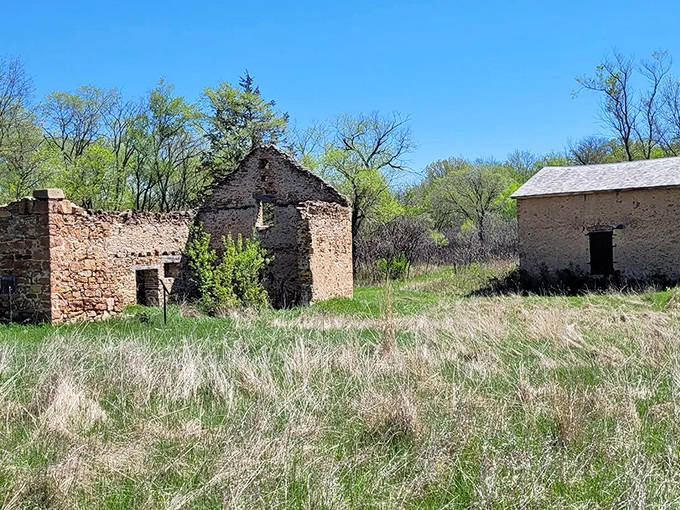 The Jabs Farmstead ruins stand defiant against time, stone walls whispering stories of pioneer life and determination.