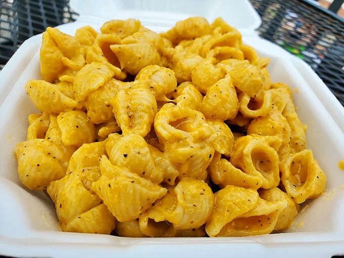 Mac and cheese so creamy and golden it looks like edible sunshine in a takeout container.