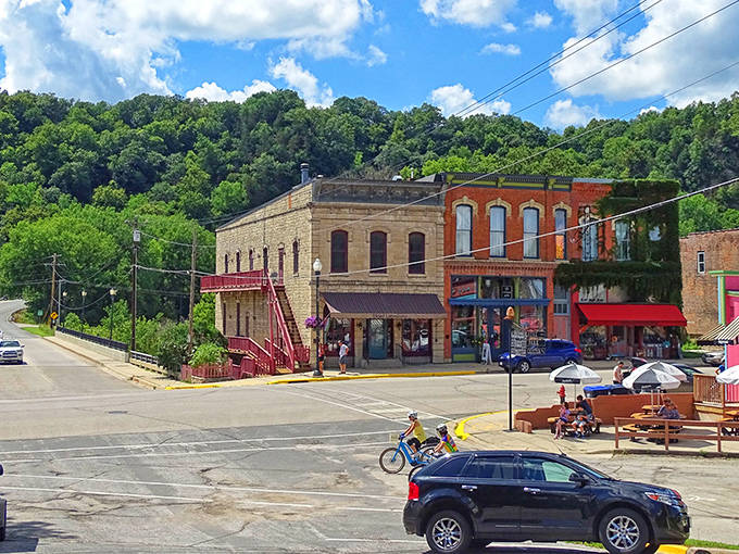 Brick facades and colorful storefronts create Lanesboro's distinctive streetscape, where every building seems to have a story waiting to be discovered.