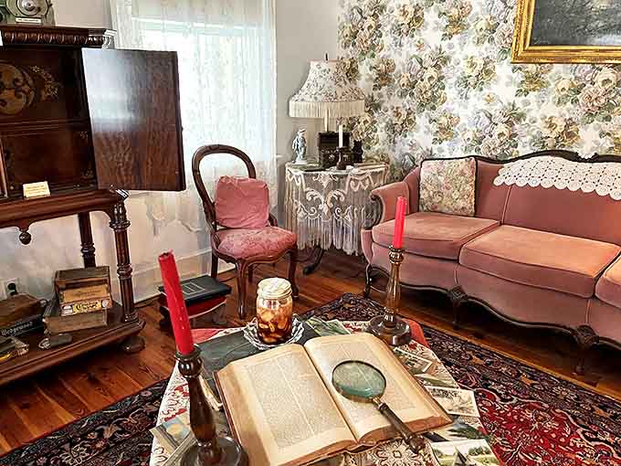 The parlor's vintage furniture and decorative touches create the perfect setting for ghostly encounters reported by countless guests.