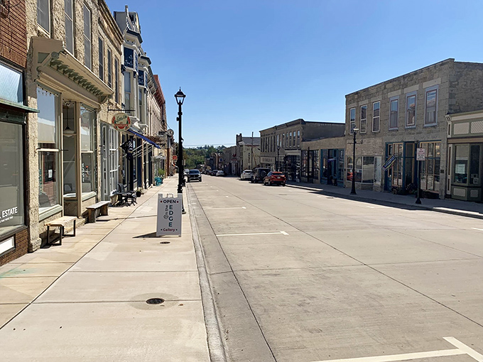 The heart of Mineral Point beats along this historic thoroughfare, where limestone buildings house galleries, cafes, and shops.