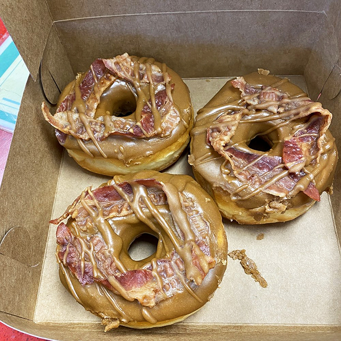 Maple Bacon Donut: Proof that God loves us and wants us to be happy &ndash; sweet maple glaze playing harmony to bacon's salty melody.