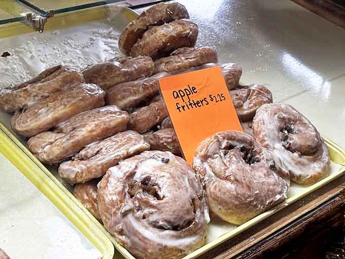 Apple fritters the size of small dinner plates promise chunks of cinnamon-spiced fruit beneath that perfectly crackling glaze.