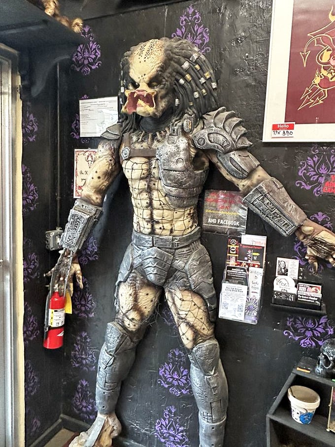 A life-sized Predator figure stands guard, because apparently even alien hunters need a retirement plan, and this Ohio shop seemed like the perfect spot.