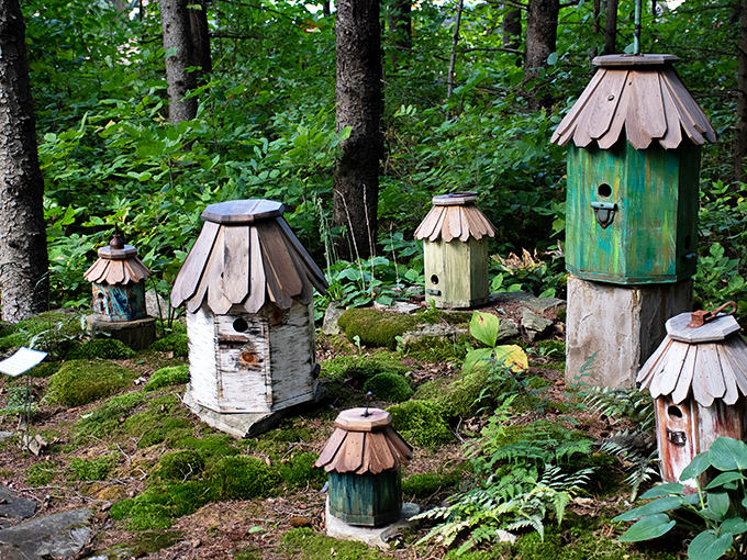 Charming birdhouses create a miniature village for feathered residents &ndash; five-star accommodations for Wisconsin's winged visitors.