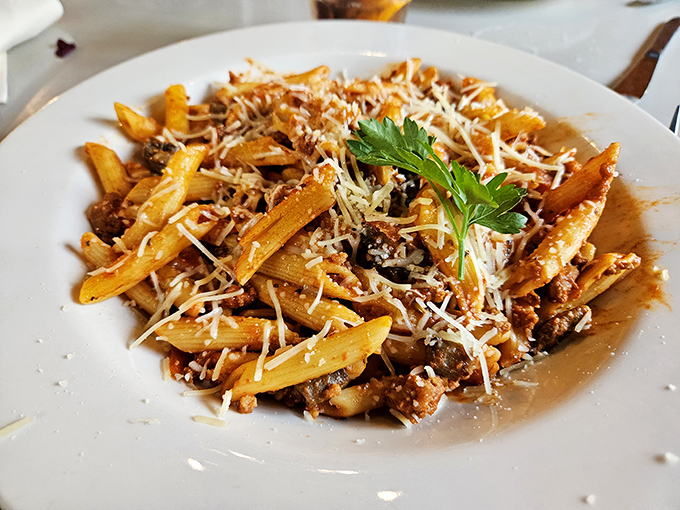 Pasta that would make an Italian grandmother nod in approval &ndash; hearty penne with rich sauce and a generous dusting of fresh parmesan.