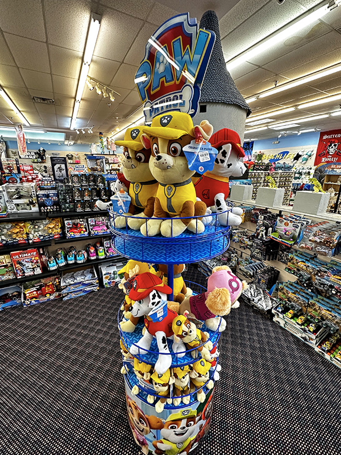 Paw Patrol stands guard over a tower of plush possibilities. These pups aren't just toys &ndash; they're future best friends waiting to be adopted.