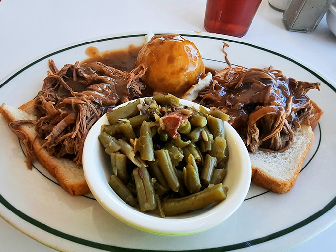 The pot roast dinner brings Sunday family meals to any day of the week, with fork-tender beef swimming in rich gravy.