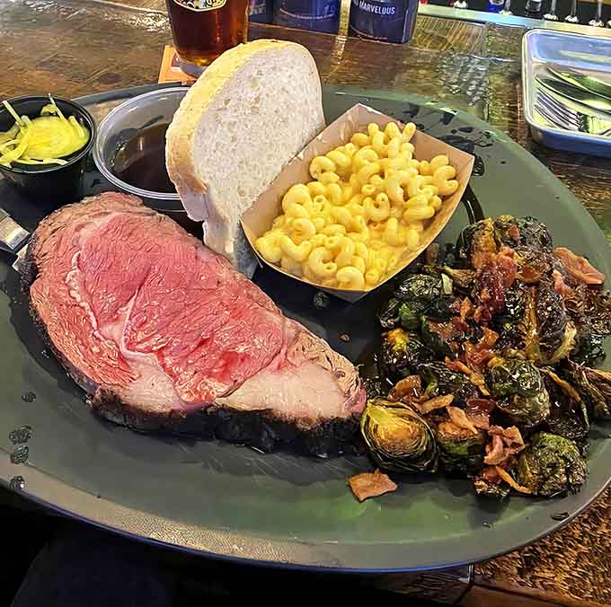 Prime rib gets the smoke treatment, served alongside creamy mac & cheese and Brussels sprouts that might convert even vegetable skeptics.