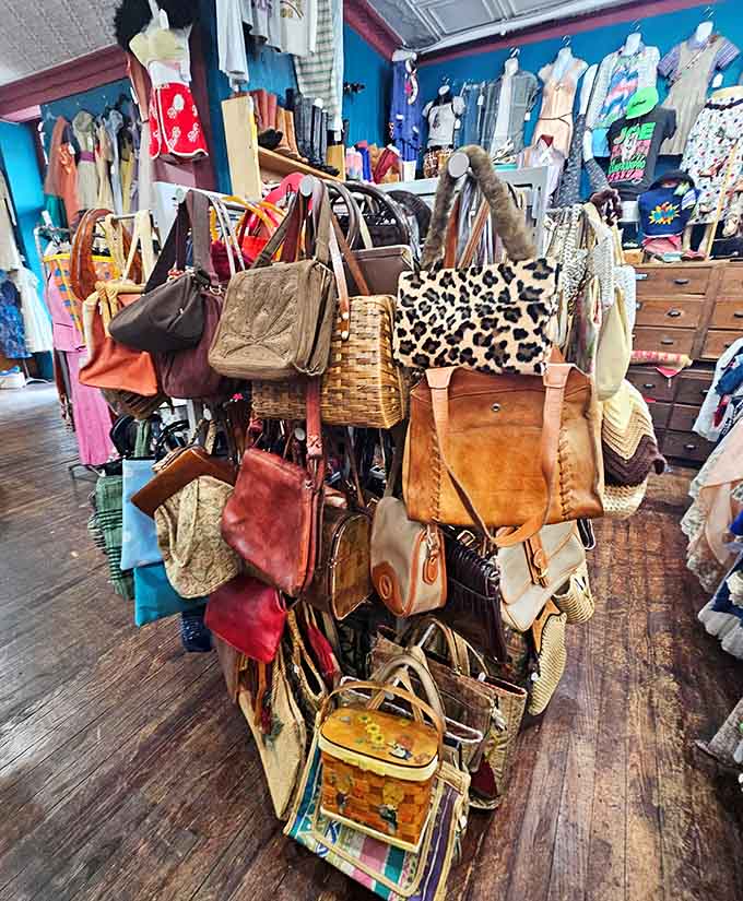 Handbag heaven! This spinning tower of vintage purses features everything from woven wonders to leather classics waiting for new adventures.
