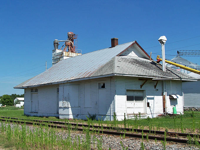 This unassuming railroad depot once welcomed travelers and cargo, now standing as a silent witness to Hixton's rich history.