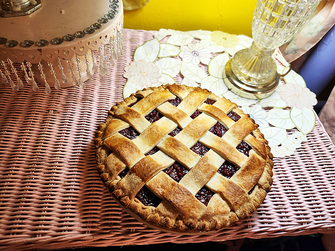 This lattice-topped raspberry pie isn't just dessert, it's edible architecture. The perfect balance of sweet-tart filling and buttery crust.