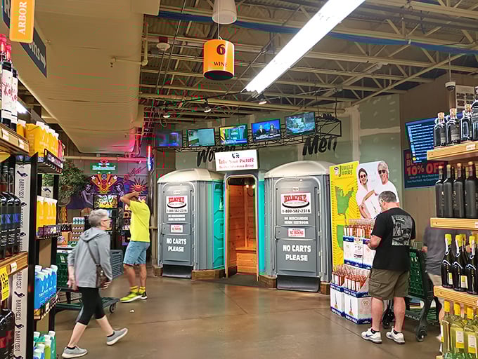 Only at Jungle Jim's would bathroom entrances disguised as port-a-potties make perfect, hilarious sense.