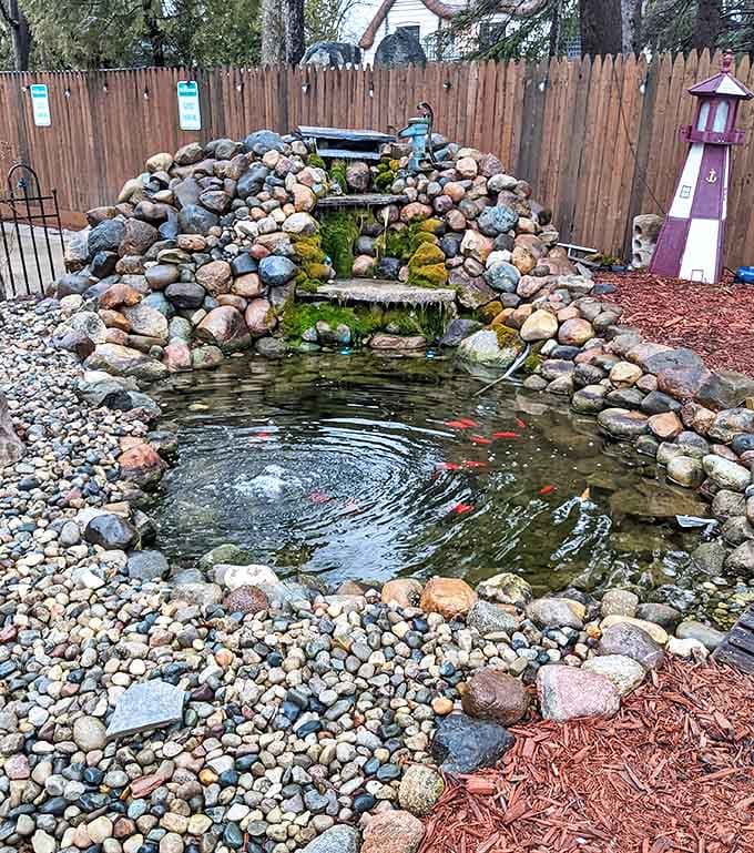 Small Pond: Koi glide through crystal waters in this garden oasis, creating a meditative spot where time seems to slow to the rhythm of ripples.
