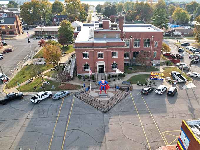 From above, Superman Square reveals itself as the beating heart of Metropolis, with the statue standing guard over the town's historic courthouse.