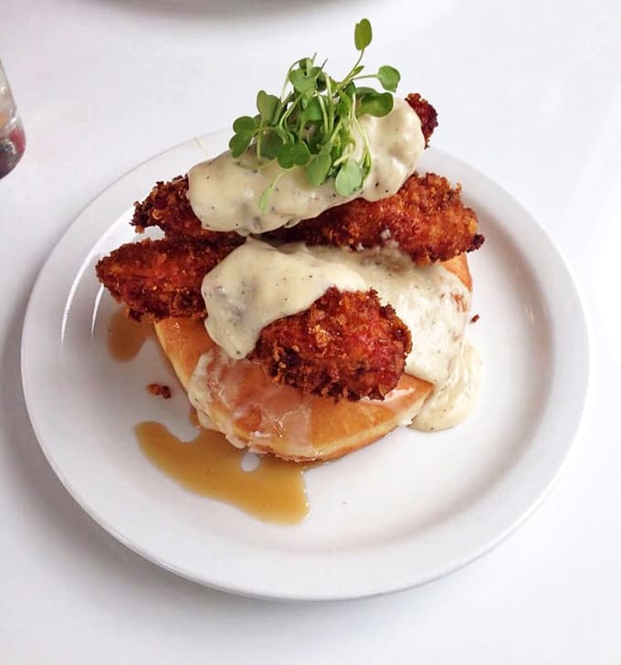 The Gary Cooper: fried chicken atop a fresh donut with maple-bourbon syrup. It's the breakfast-lunch-dinner hybrid you never knew you needed.