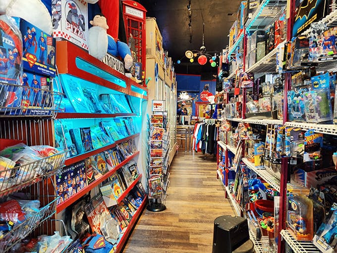 Shelves overflow with Superman treasures in every direction, making this the kind of place where you need to look up, down, and sideways to catch everything.