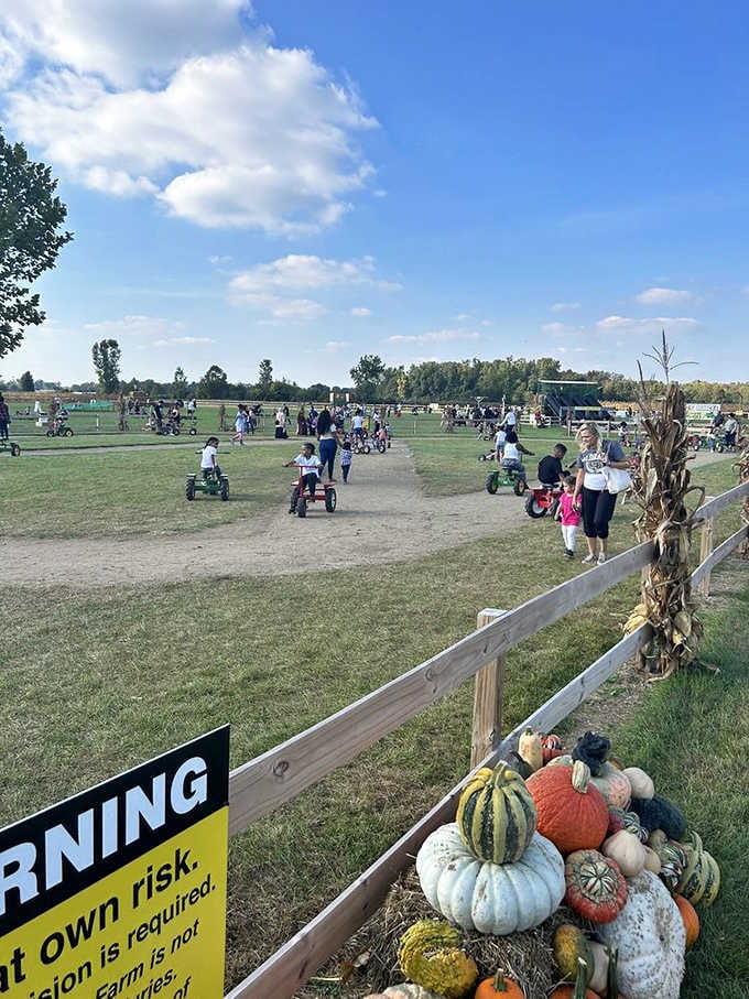Young adventurers pedal their way across an open play space, burning energy while parents enjoy a moment of agricultural tranquility.