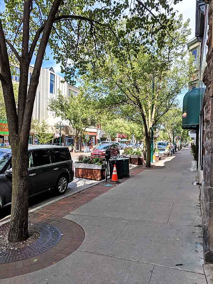 Downtown Traverse City offers charming streets lined with shops and restaurants, where normal-sized cherry pies await hungry visitors.