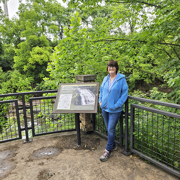 This thoughtfully designed viewing area provides the perfect spot to contemplate the falls while learning about their fascinating history.