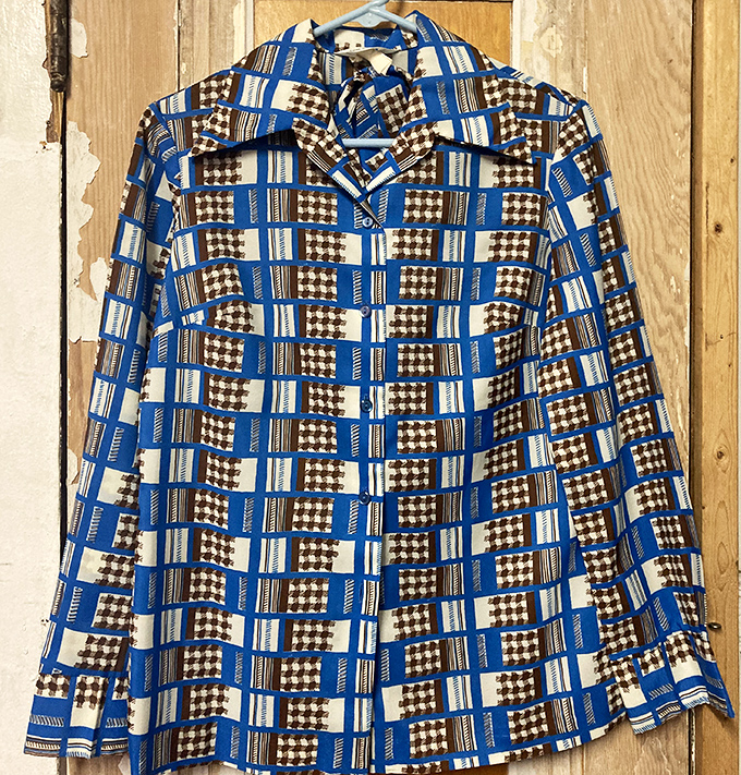 Pattern-mixing before it was cool &ndash; this geometric blue and brown shirt belongs to an era when fashion rules were meant to be gloriously broken.