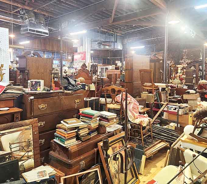 Books, furniture, and ephemera create a time-traveler's paradise where every stack contains potential discoveries waiting for the right curious hands.