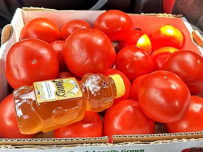 Tennessee tomatoes and local honey share shelf space &ndash; nature's candy in two very different but equally delicious forms.