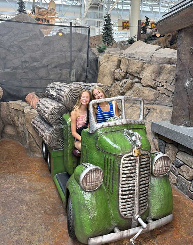 This vintage-inspired green truck ride adds a touch of whimsy &ndash; hauling logs and happy passengers through the mountain's carefully crafted scenery.