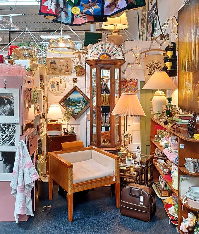 Vintage mugs in every imaginable pattern form a colorful parade of morning coffee vessels, each with its own personality and history.