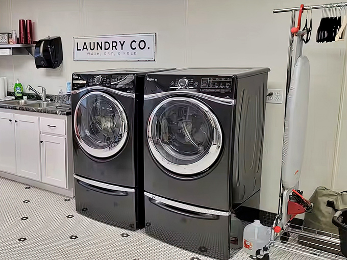 Even the laundry area maintains the historical aesthetic &ndash; practical necessities wrapped in period-appropriate packaging for the complete experience.