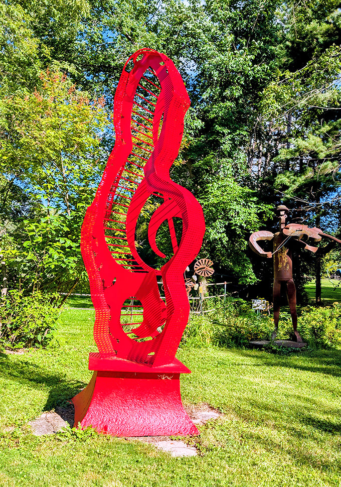 This curious creature, part automobile and part imagination, demonstrates how discarded machinery finds new life as whimsical garden fauna.