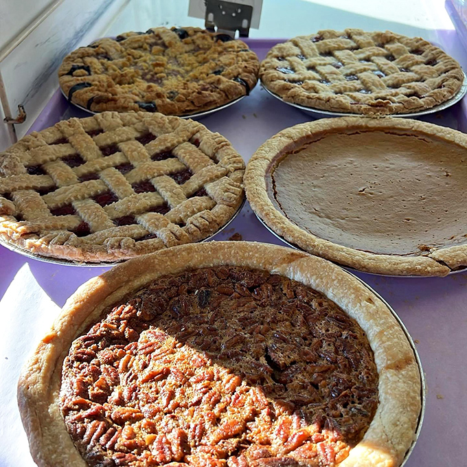 Pie paradise! Lattice-topped fruit pies and pecan masterpieces that would make even Paul Hollywood nod in silent approval.