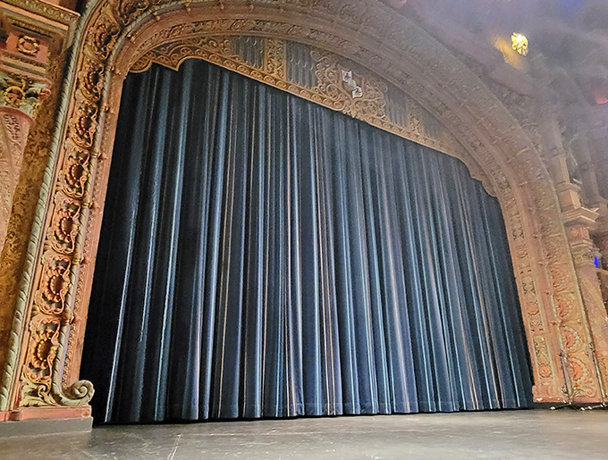 The magnificent proscenium arch frames not just a screen but a portal to other worlds, its ornate details defying modern minimalism.