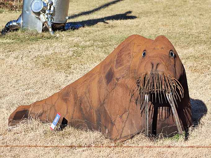 This rusty walrus seems perfectly content lounging in the grass, its whiskers and rotund body brilliantly fashioned from industrial castoffs.