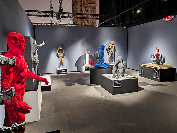 Modern exhibitions, including these LEGO sculptures, find a fascinating contrast against the theater's historic backdrop.