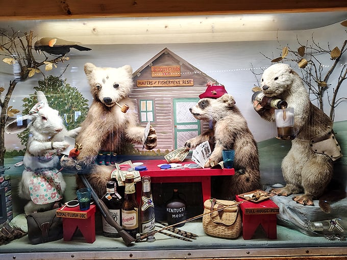 This whimsical scene depicts woodland creatures enjoying a game of poker at "Buddy's Creek," complete with miniature cards and drinks.