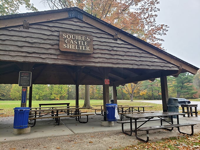 "Squire's Castle Shelter" – where medieval meets modern picnicking, and sandwich-eating commoners can dine like kings and queens.