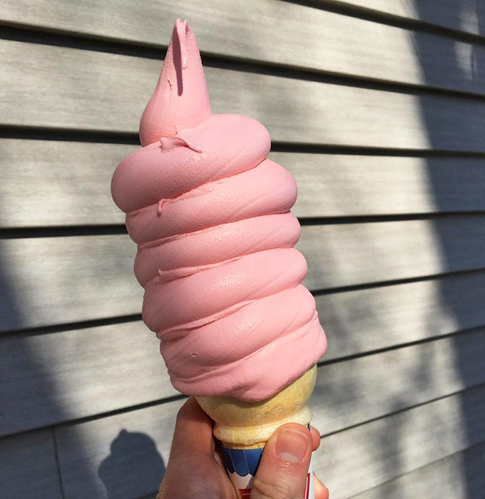 Pretty in pink! The strawberry soft serve tower demonstrates why Belt's has Wisconsin visitors making detours just for a taste.