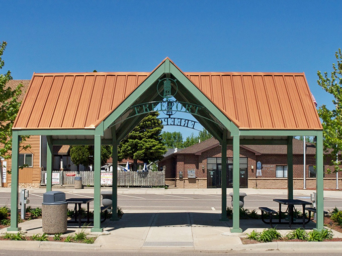 Freeport's town plaza provides a simple yet essential community space where neighbors become friends under Minnesota's big sky.