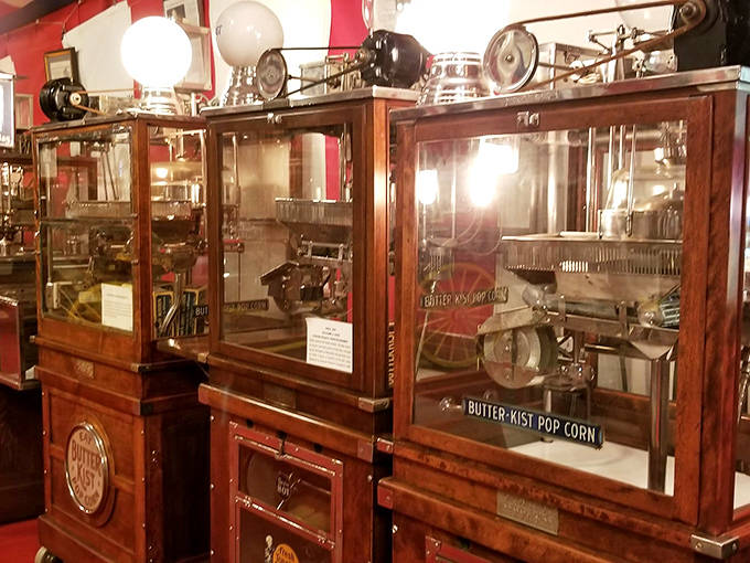 Mechanical marvels of a bygone era. These gleaming vintage machines represent American ingenuity at its finest, each one a testament to our enduring love affair with popcorn.