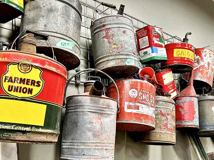 These weathered oil cans and farm buckets once fueled America's farms and factories, now they fuel decorating dreams.
