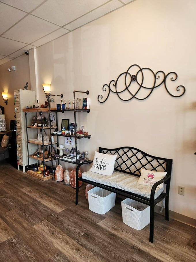 The waiting area whispers "relax" before you even enter the cave, with its cozy bench and calming decorative touches throughout.