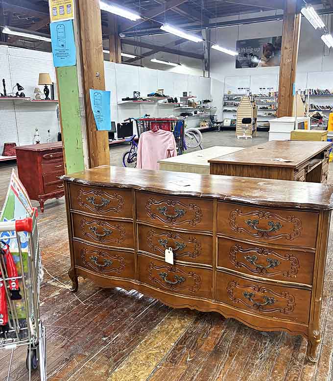 This vintage dresser with ornate detailing whispers tales of bygone eras &ndash; just add polish and it's ready for its next chapter.