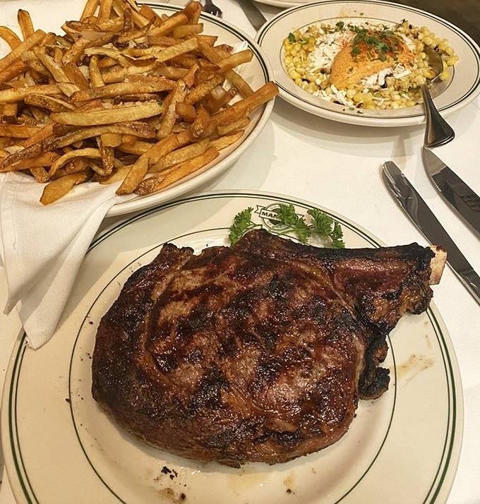 The holy trinity: magnificent steak, golden fries, and something creamy &ndash; because balance is important, even in indulgence.